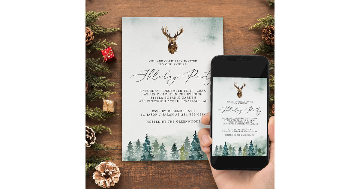 Winter Forest Pine Trees Holiday Party Invitation | Zazzle
