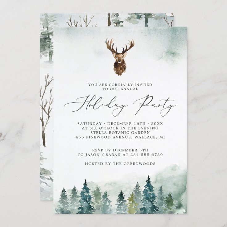 Winter Forest Pine Trees Holiday Party Invitation | Zazzle