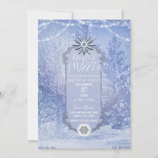 Winter Forest Pine Trees Snowflakes Sweet 16 Party Invitation | Zazzle