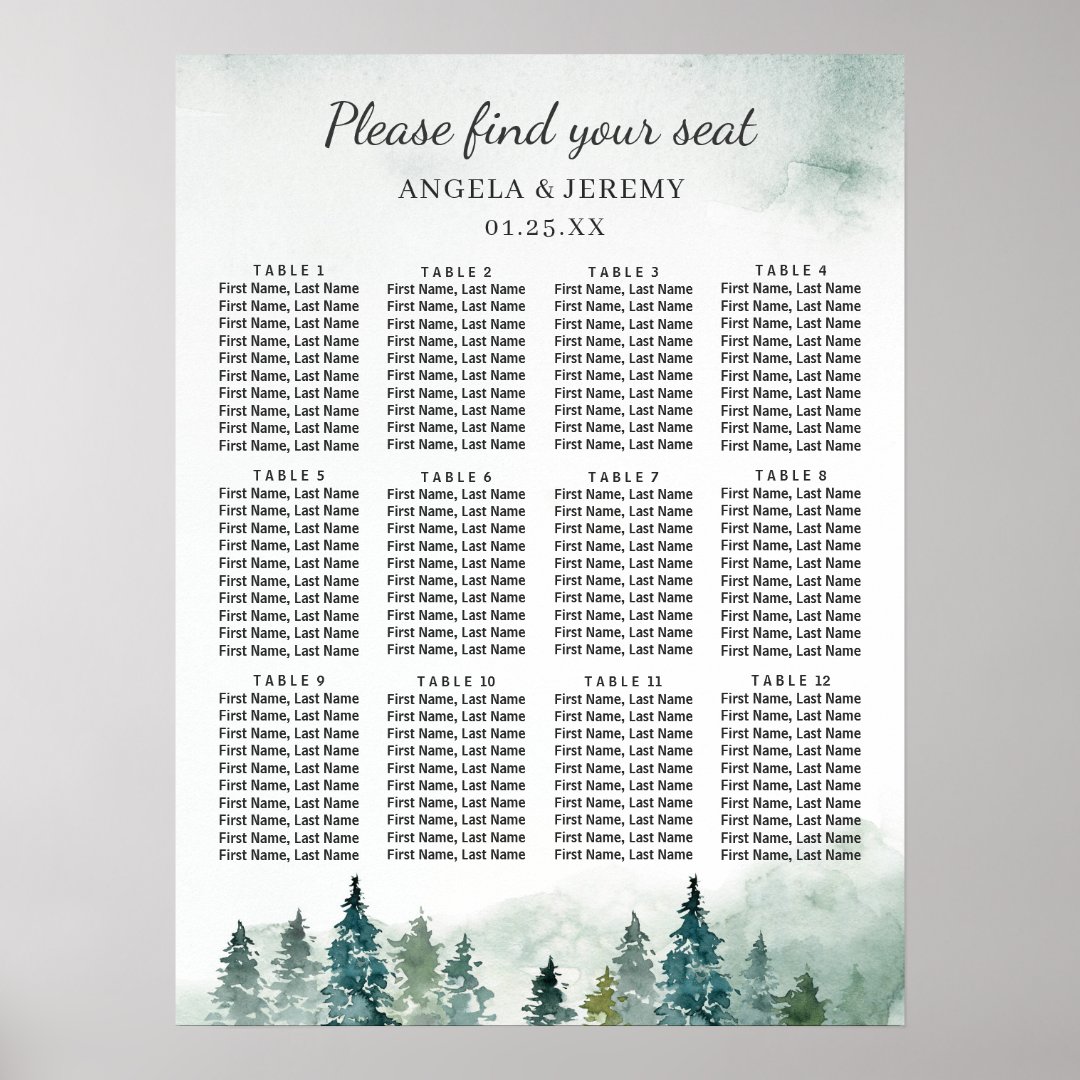 Winter Forest Pine Trees Wedding Seating Chart | Zazzle