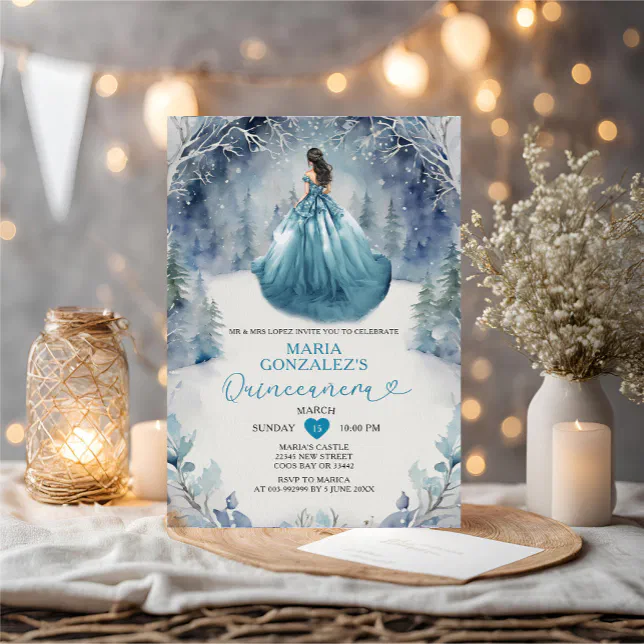 Winter Forest Princess Turquoise Dress Quinceañera Invitation | Zazzle