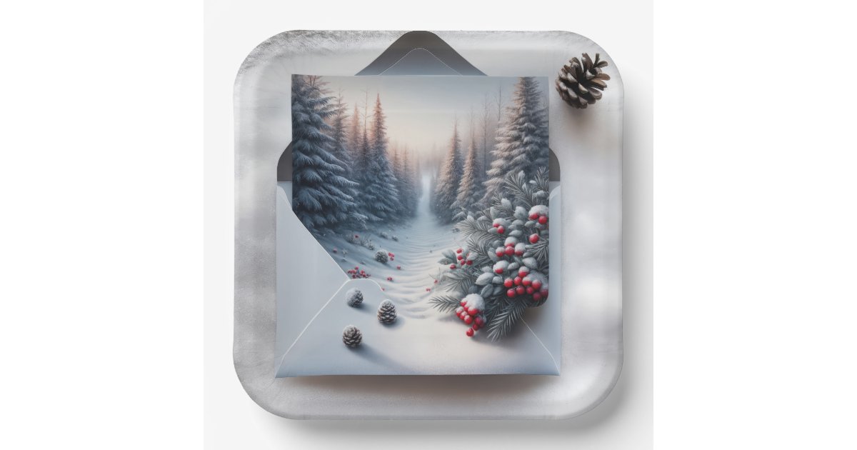 Winter Forest Scene In an Envelope Paper Plates | Zazzle