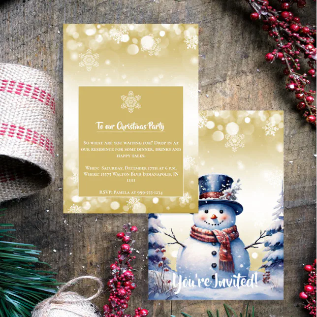 Winter Forest Snowman Christmas | Gold Party Invitation | Zazzle