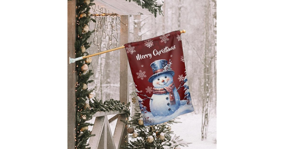 Winter Forest Snowman Christmas | Red House Flag | Zazzle