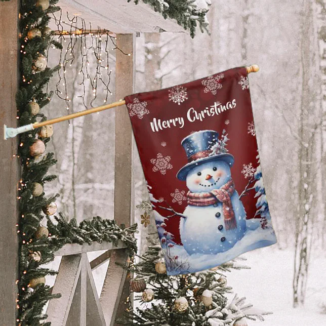 Winter Forest Snowman Christmas | Red House Flag | Zazzle