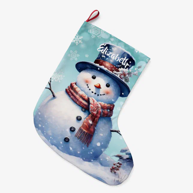 Winter Forest Snowman | Teal Large Christmas Stocking | Zazzle