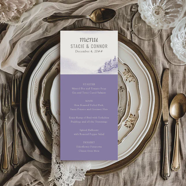 Winter Forest Watercolor Lavender Wedding Menu | Zazzle