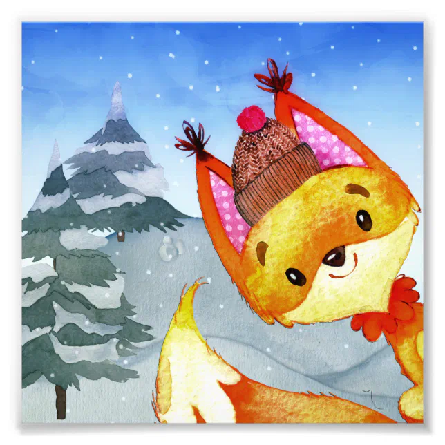 Winter Forest Woodland Friends Fox Illustration Photo Print | Zazzle