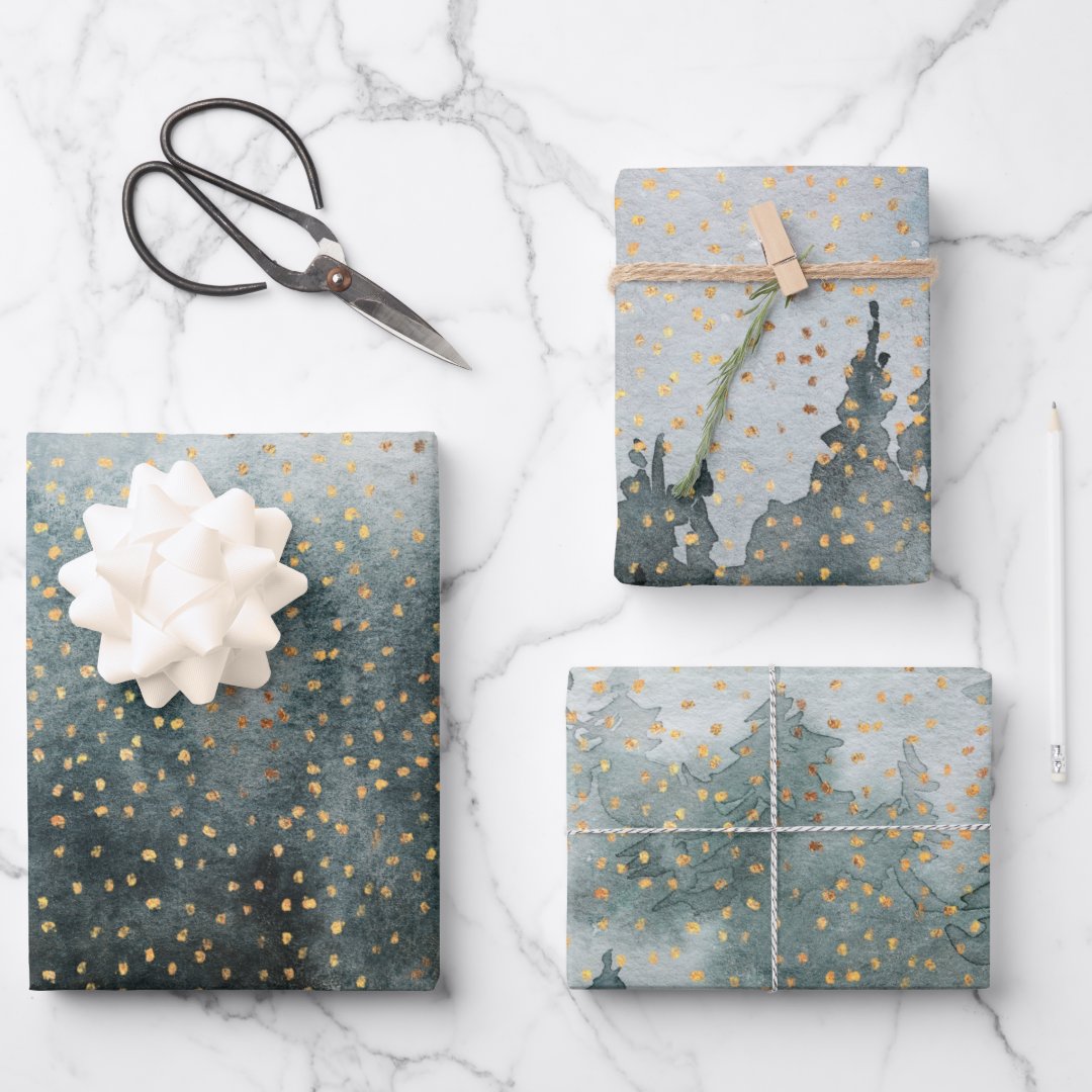 Winter Forest Woodland Golden Snow Watercolor Wrapping Paper Sheets ...