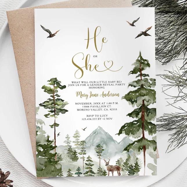 Winter Forest Woodland He or She Gender Reveal Invitation | Zazzle