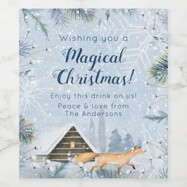 Winter Fox Cabin Snow Personalized Christmas Wine Label | Zazzle