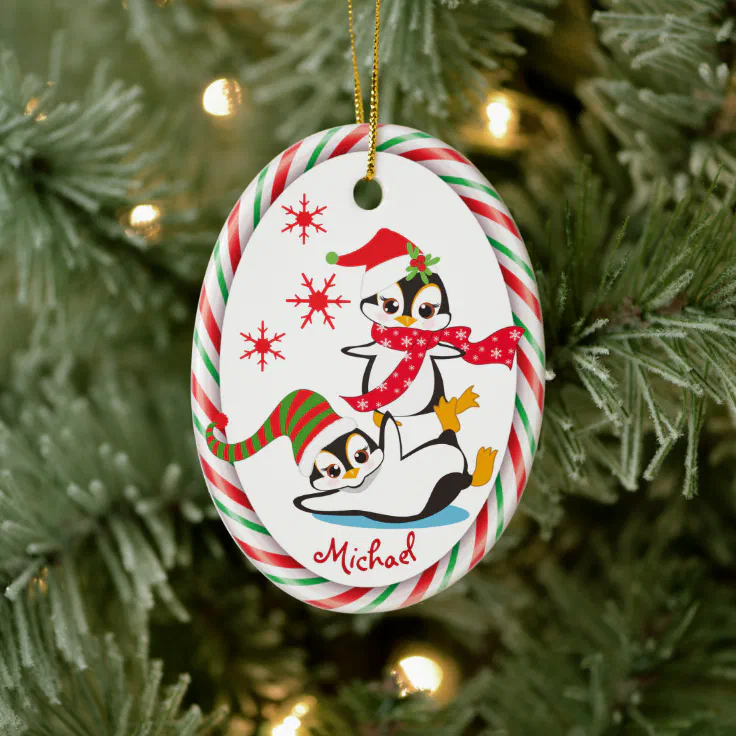 Winter Fun Penguins Candy Cane Frame Ceramic Ornament | Zazzle