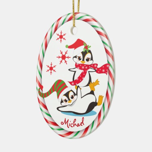 Winter Fun Penguins Candy Cane Frame Ceramic Ornament | Zazzle