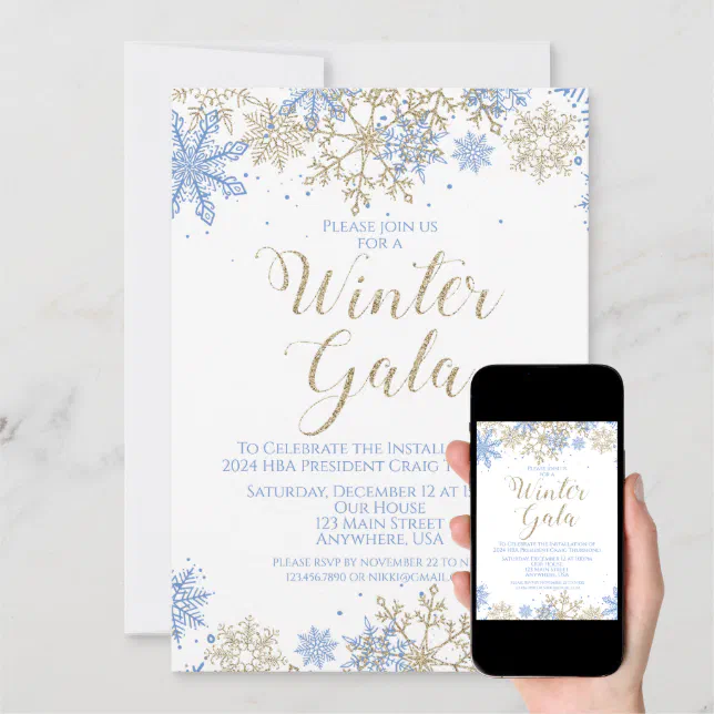 Winter Gala Blue and Gold Invite | Zazzle