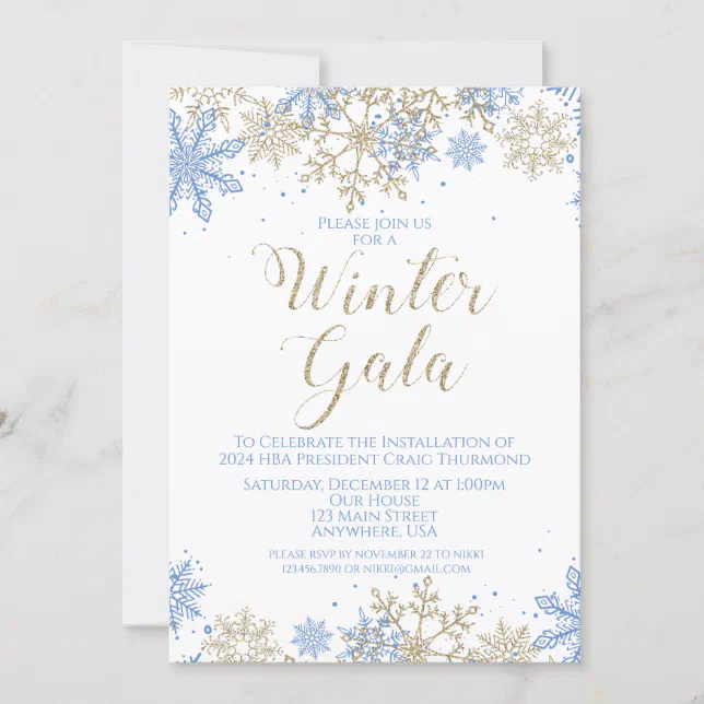 Winter Gala Blue and Gold Invite | Zazzle
