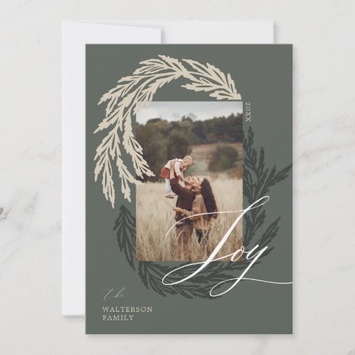 Winter Garland Wreath Joy Script Photo & Monogram Holiday Card | Zazzle