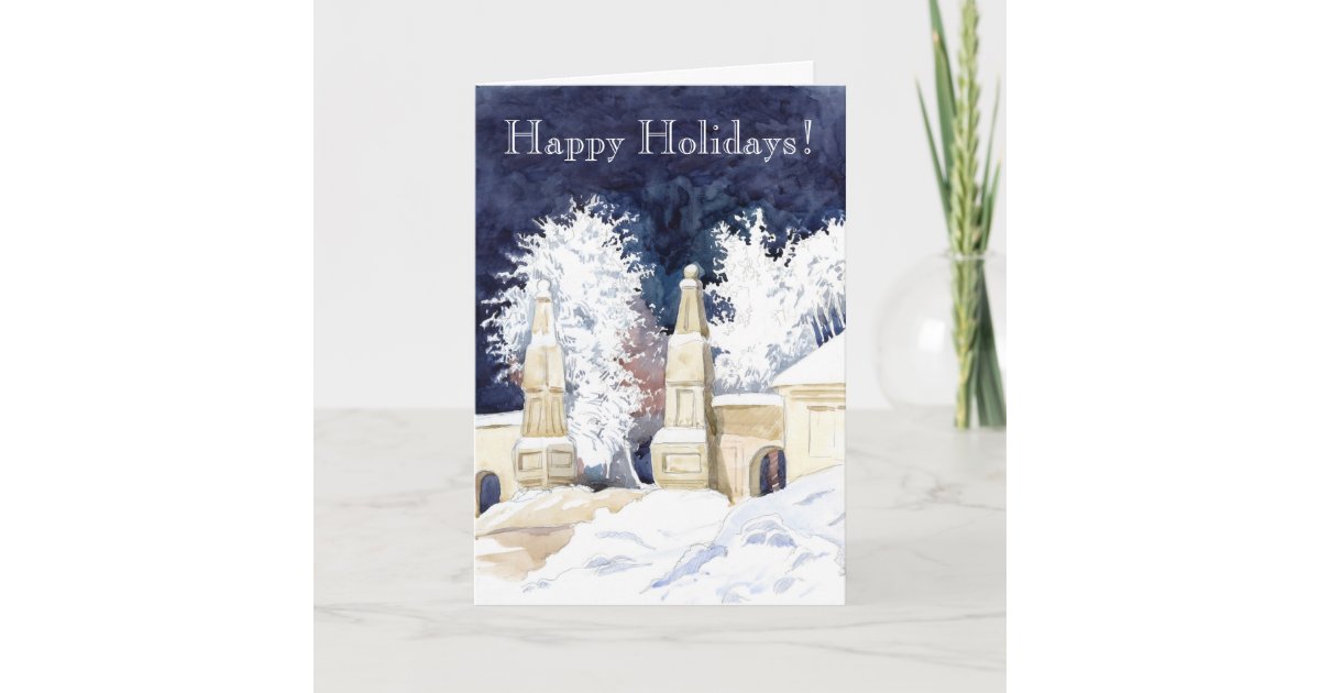 Winter gate at night (sketch) holiday card | Zazzle