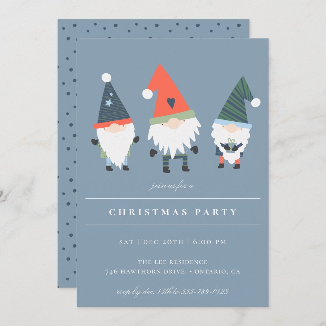 Winter Gnomes Blue Holiday Party Invitation | Zazzle