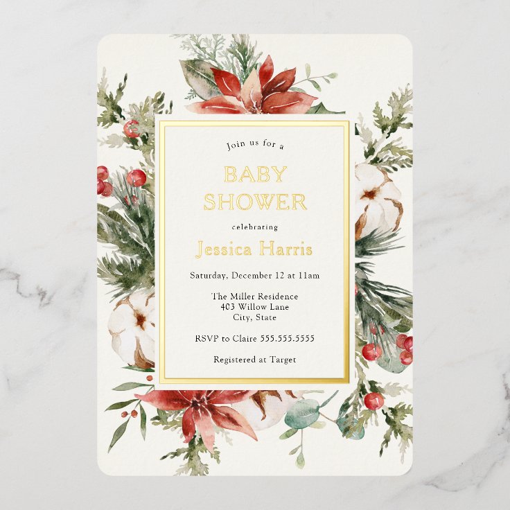 Winter Greenery Baby Shower Invitation Foil Invitation | Zazzle