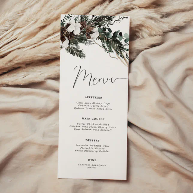 Winter Greenery Bouquet Menu Card | Zazzle
