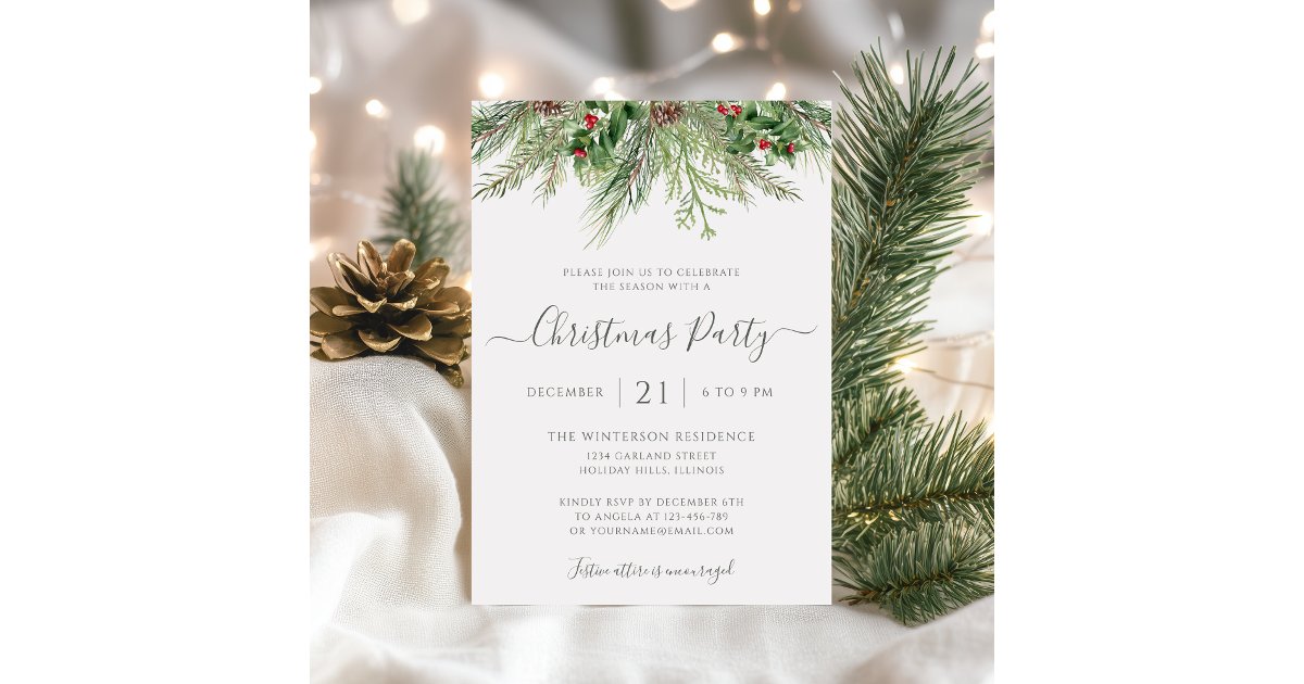 Winter Greenery Christmas Holiday Party Invitation | Zazzle