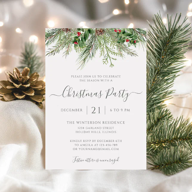 Winter Greenery Christmas Holiday Party Invitation | Zazzle