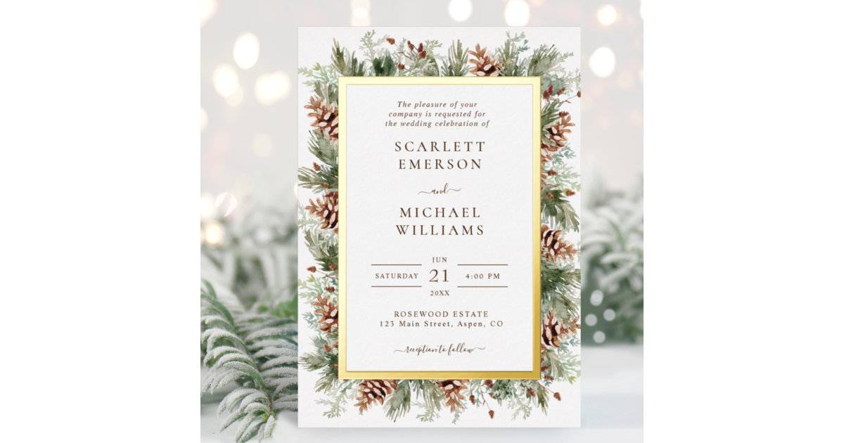 Winter Greenery Gold Foil Wedding Invitations | Zazzle