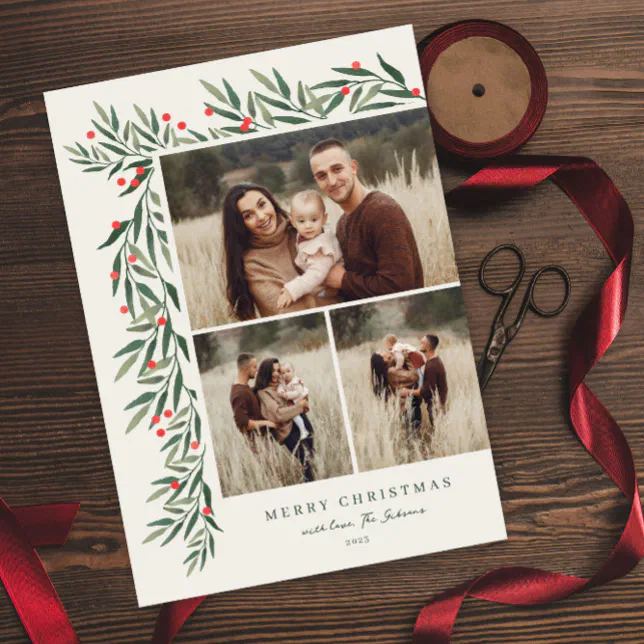 Winter Greenery Ivory 3 Photo Christmas Holiday Card | Zazzle