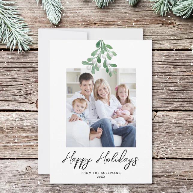 Winter Greenery Mistletoe Happy Holidays Photo Holiday Card | Zazzle