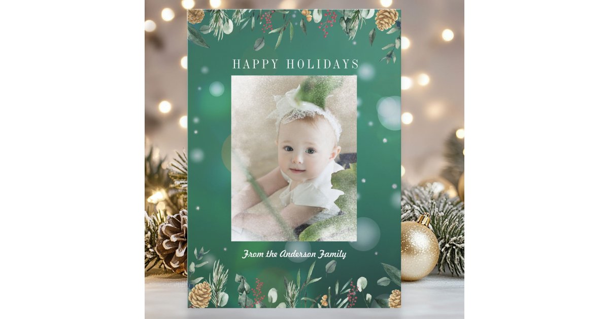 Winter Greenery Snow Bokeh Photo Holiday Card | Zazzle