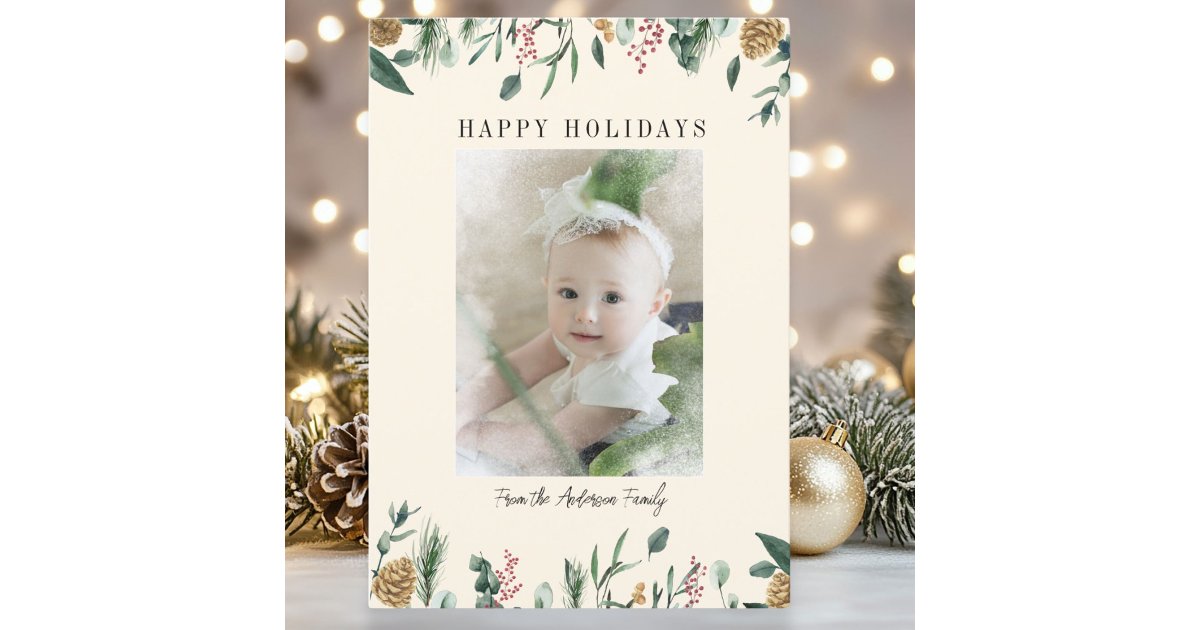 Winter Greenery Snow-Overlay Photo Holiday Card | Zazzle