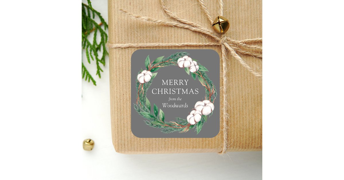 Winter Greenery Wreath Merry Christmas Gray Square Sticker | Zazzle