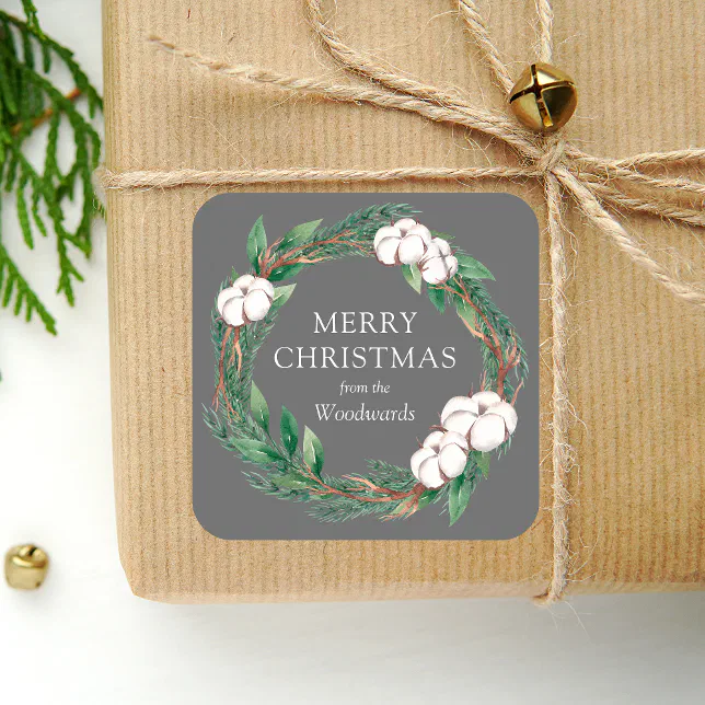 Winter Greenery Wreath Merry Christmas Gray Square Sticker | Zazzle