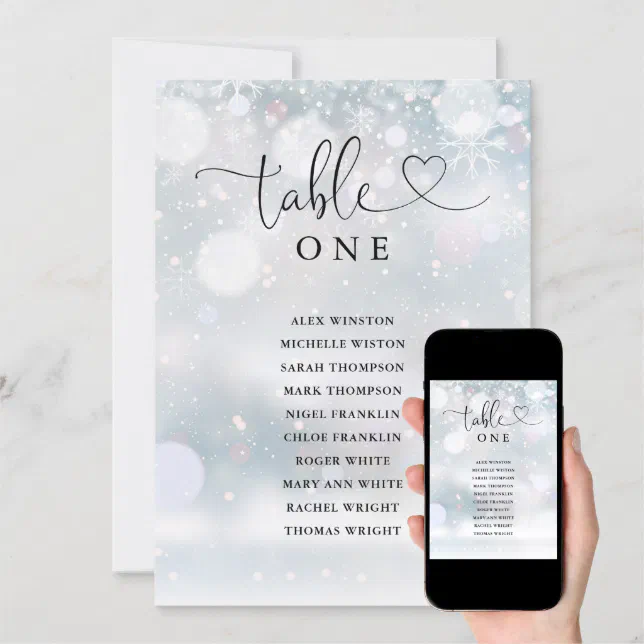 Winter Heart Script Table Number Seating Chart | Zazzle