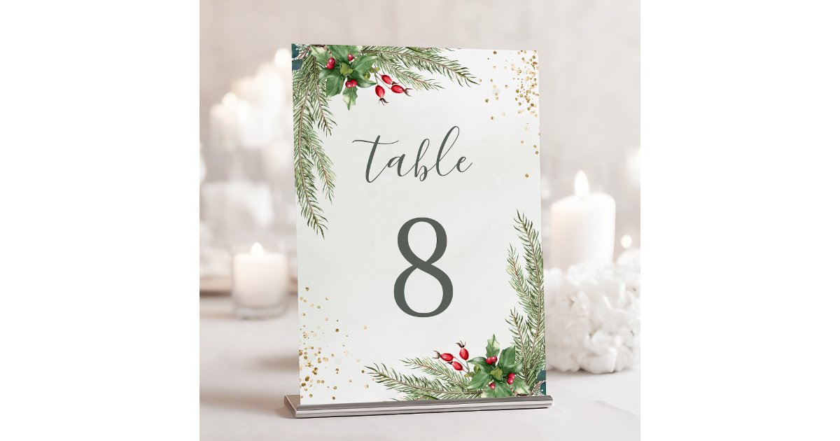 Winter Holiday Botanical Greenery Table Number | Zazzle