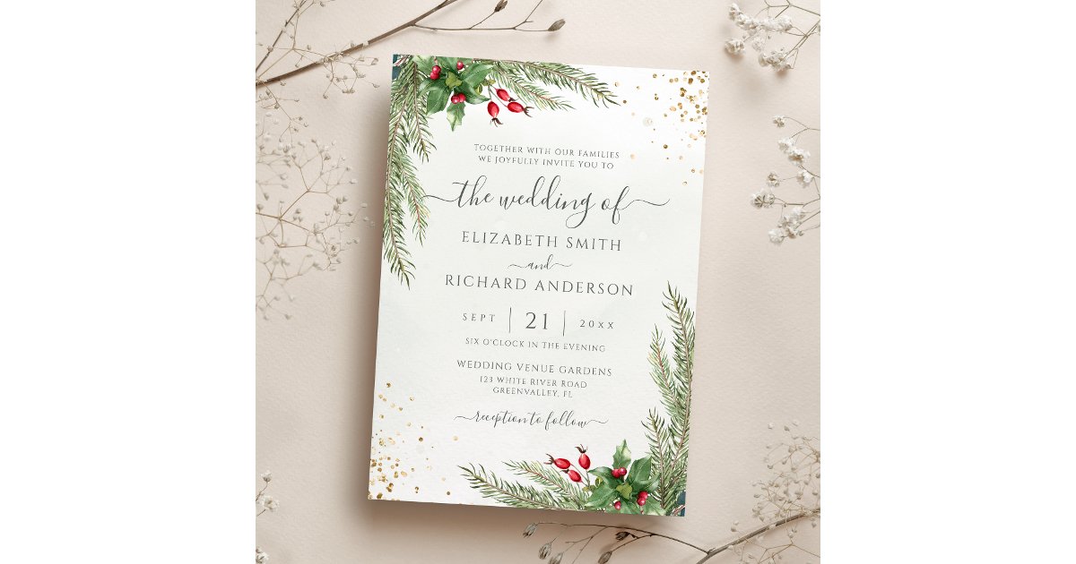 Winter Holiday Botanical Greenery Wedding Invitation | Zazzle