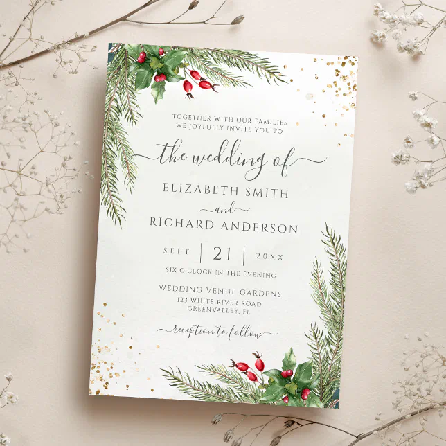 Winter Holiday Botanical Greenery Wedding Invitation | Zazzle