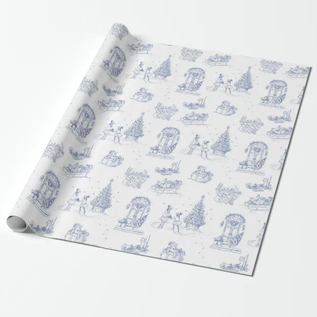 Winter Holiday Christmas Blue White Toile Gift Wrapping Paper | Zazzle