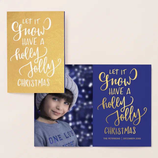 Winter holiday modern calligraphy script photo foil card | Zazzle
