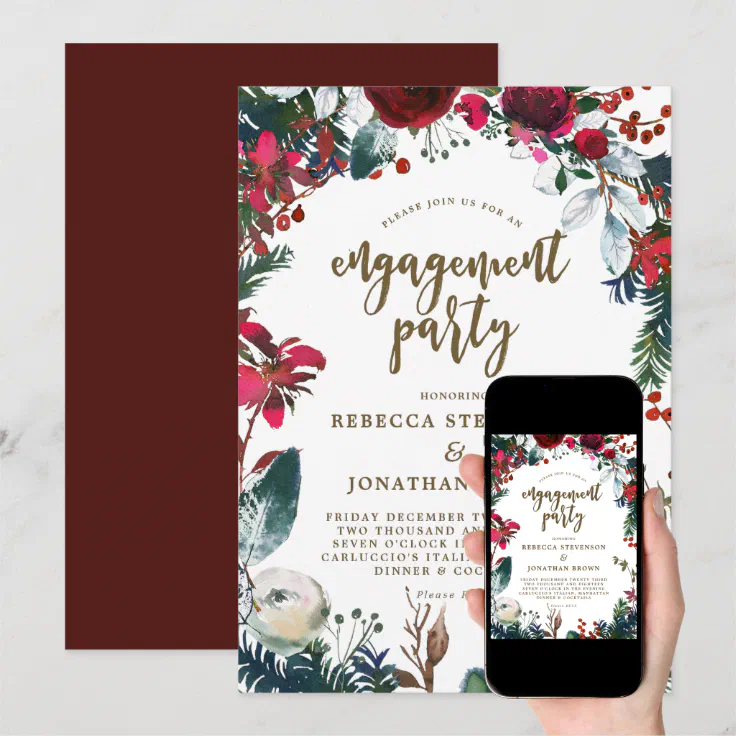 winter holiday red engagement party invitation | Zazzle