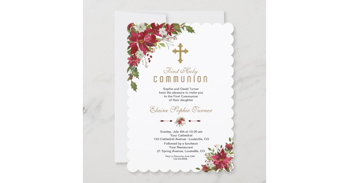 Winter Holiday Red White Poinsettia Holy Communion Invitation | Zazzle