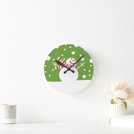 Winter Holiday Snowman Round Clock | Zazzle