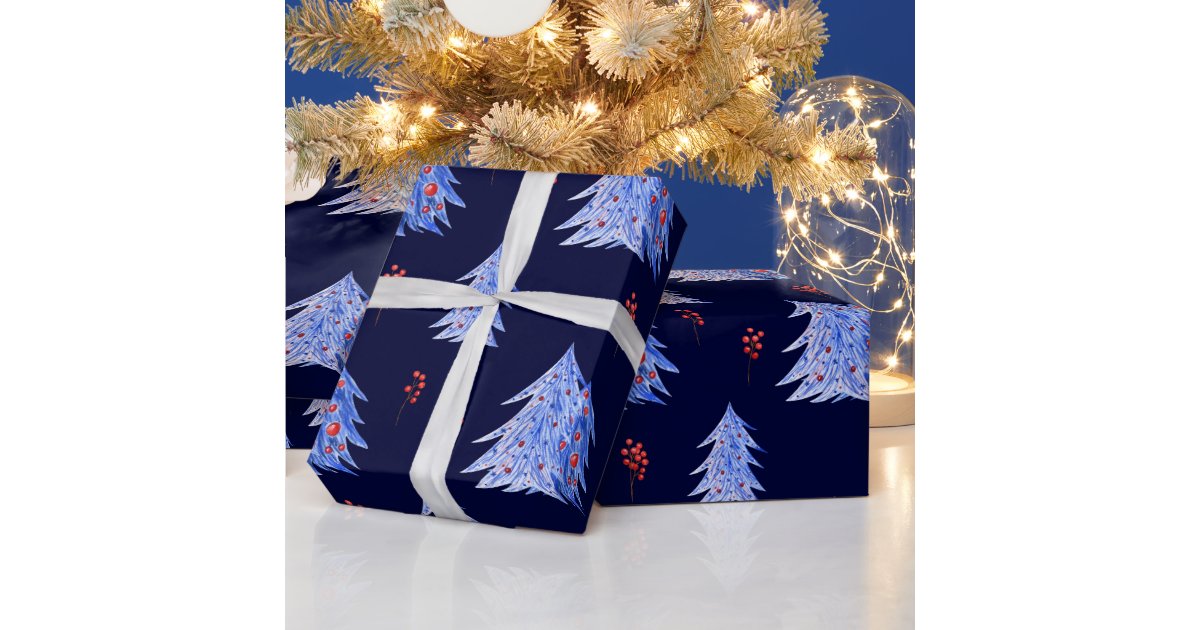 Winter Ice Blue Trees Holly Berries Navy Christmas Wrapping Paper | Zazzle