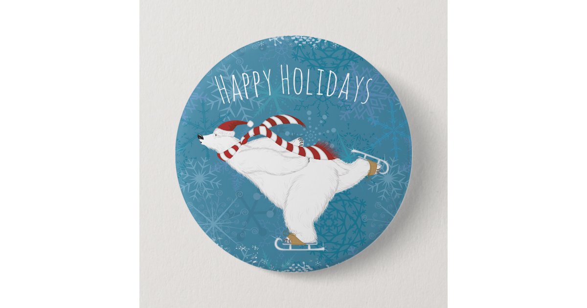 Winter Ice Skating Polar Bear Button | Zazzle