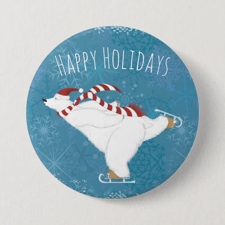 Winter Ice Skating Polar Bear Button | Zazzle