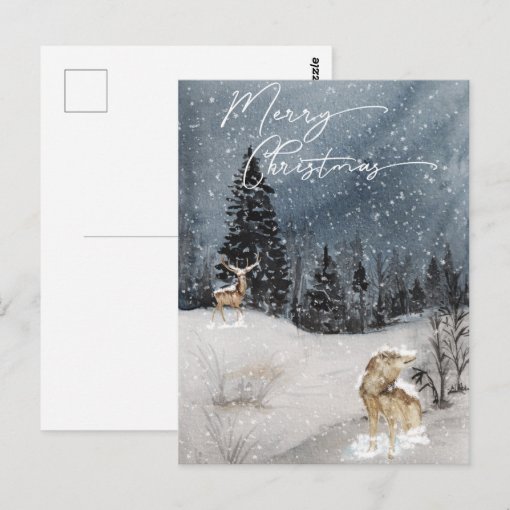 Winter landscape Watercolor Holiday wolf Postcard | Zazzle