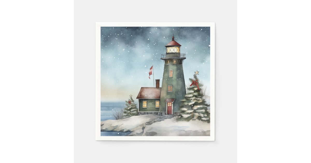 Winter Lighthouse Nautical Beach Christmas Holiday Napkins | Zazzle