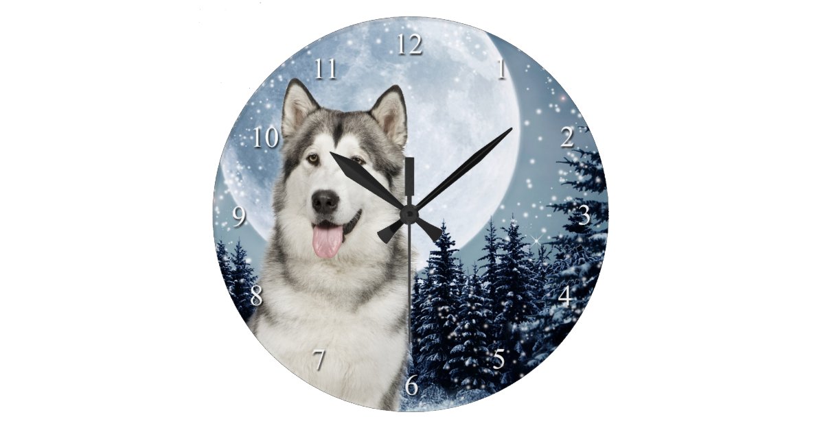 Winter Moon Husky Clock | Zazzle