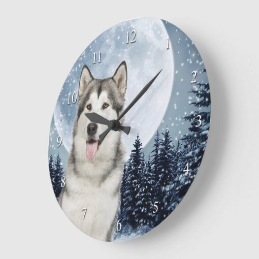 Winter Moon Husky Clock | Zazzle