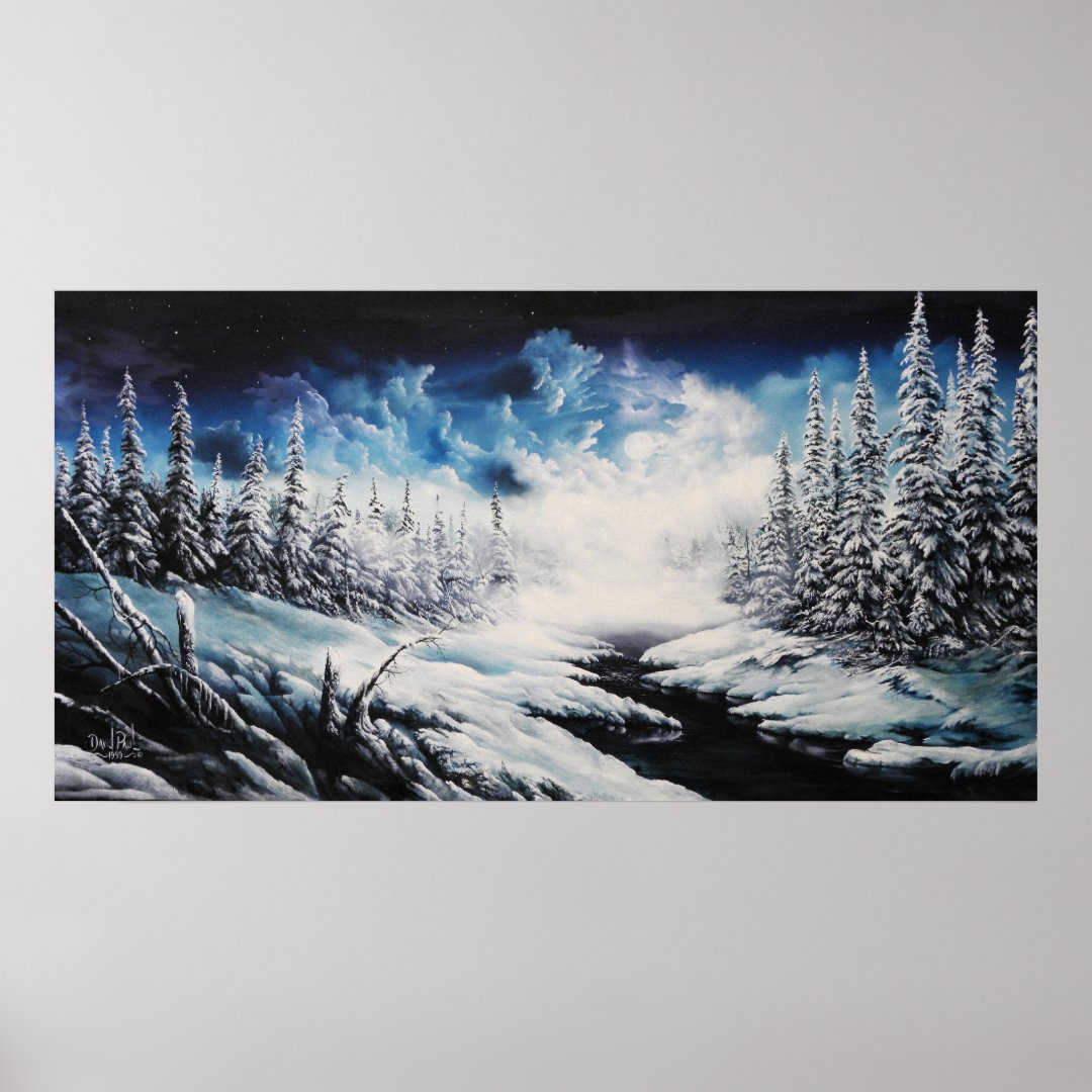 Winter Moon snow scene canvas painting for sale Poster | Zazzle